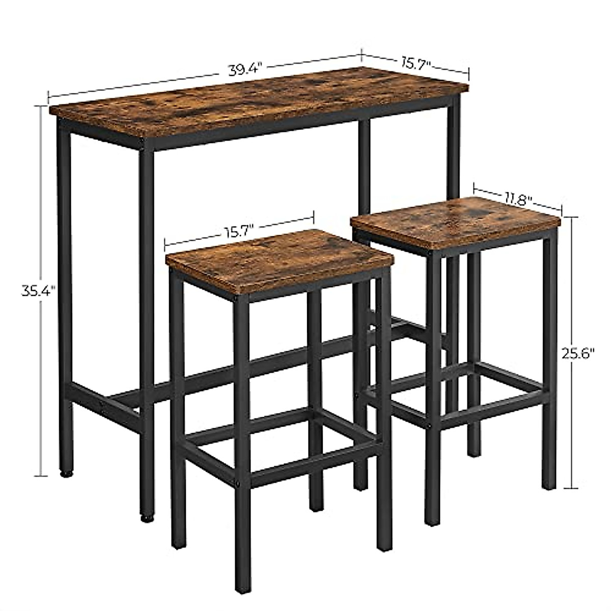 VASAGLE Dining Table Set, Bar Table and Chairs Set, Kitchen Bar Height Table with Stools Set of 2, Steel Frame, Industrial, Rustic Brown and Black ULBT218B01