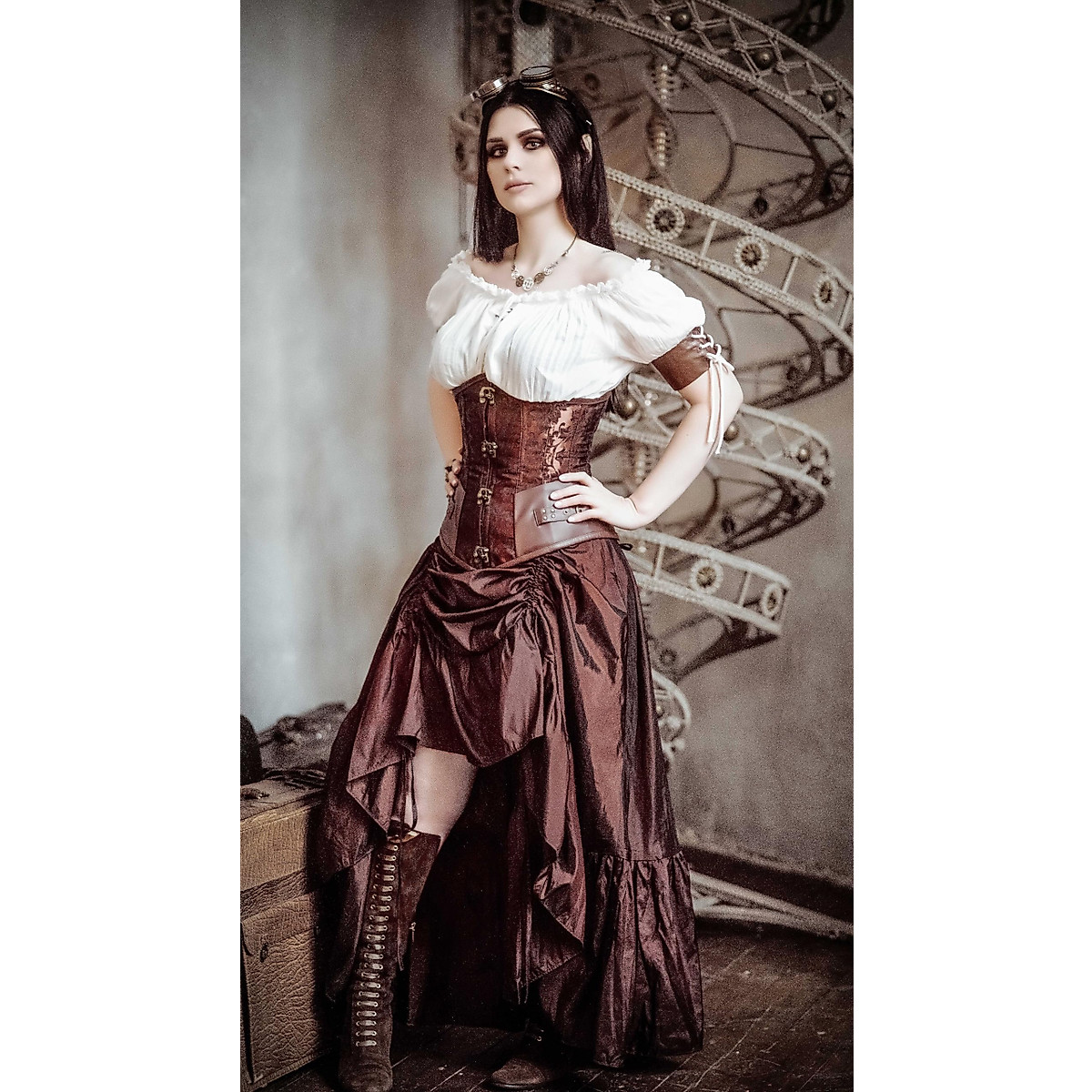 Scarlet Darkness Women Gothic Steampunk Pirate Skirt Victorian Bustle Skirts High-Low Brown L