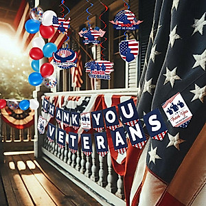 Realspring 147 Pcs Happy Veterans Day Party Decorations, Blue Red White Balloon Garland Arch Kit, Thank You Veterans Banner and Swirls Set for Thank You Veterans Party, Patriotic Party Supplies