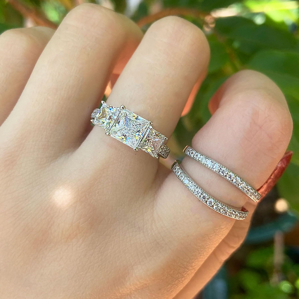 SHELOVES Three-Stone Princess Cut AAAAA Cz Wedding Ring Set Rings Enhancers 925 Sterling Silver Sz 7