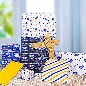 Whaline Graduation Tissue Paper Bulk 6 Style Gift Wrapping Paper White Blue Gold Congrats Grad Star Grad Cap Decorative Art Tissue for DIY Crafts Graduation Party Gift Packing Supplies, 90 Sheet
