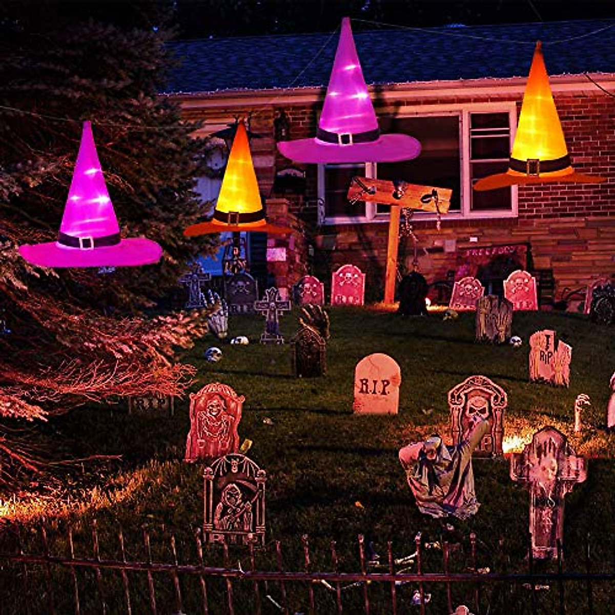MEMOVAN Halloween Decorations Witch Hat Lights, 6 Pack Halloween LED Hanging Lighted Glowing Witch Hats String Lights Battery Operated, Halloween Décor for Outdoor Indoor Yard Tree Garden Party Décor