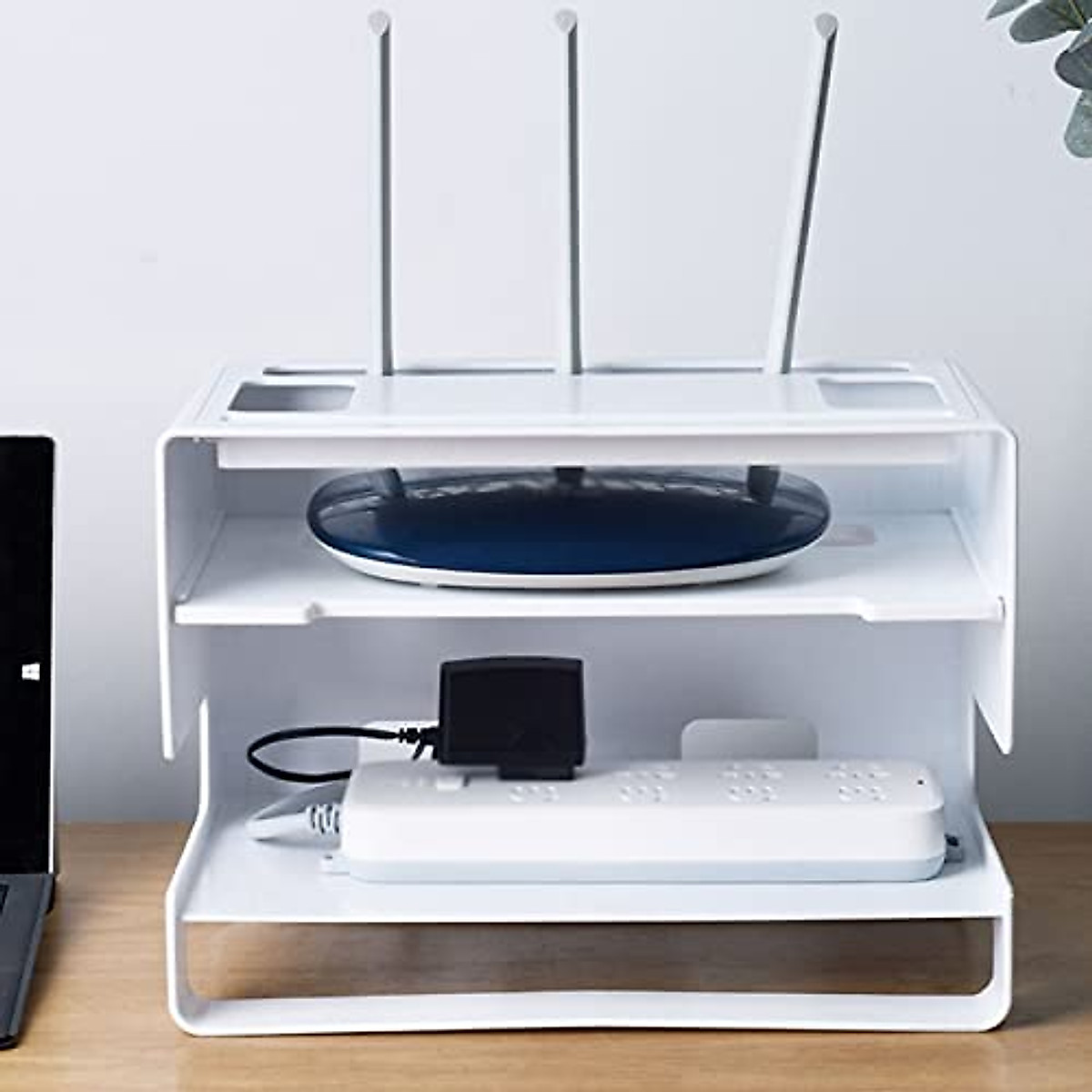 RDBSMGX Multi-Function Router Storage Box Double-Layer Design Router Storage Box Panel Hollow and Breathable Abs Material Removable Front Panel Multiple Openings on The Top Design