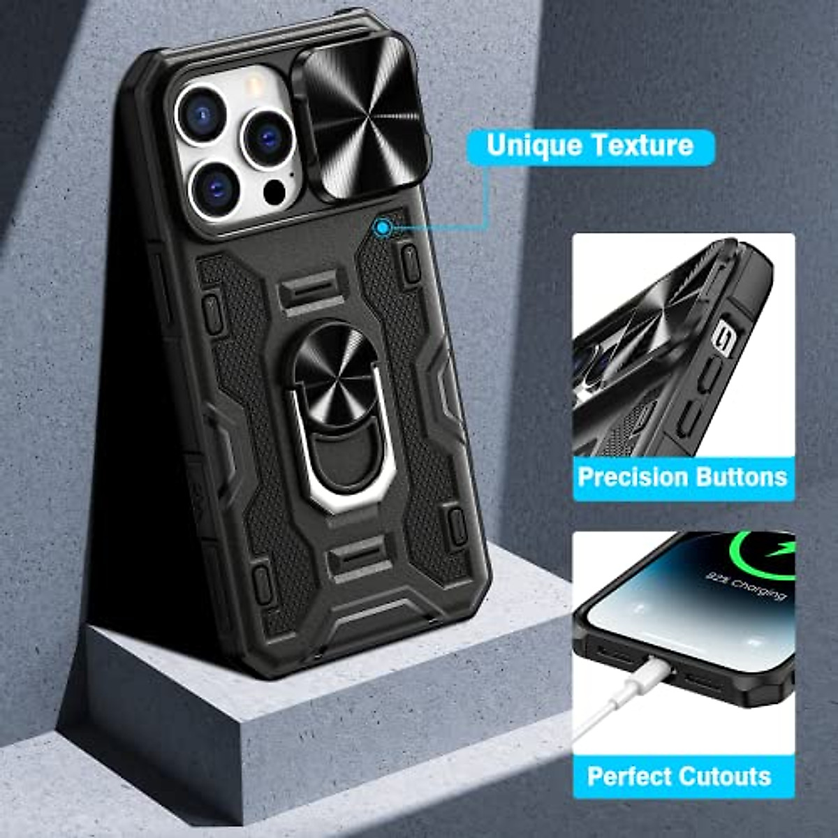 VEGO Armor Case for iPhone 14 Pro Max 5G 2022, Slide Camera Cover & Belt Clip Holster & Magnetic 360°Ring Kickstand Military Grade Heavy Duty Protection Case for iPhone 14 Pro Max 6.7”- Midnight Black