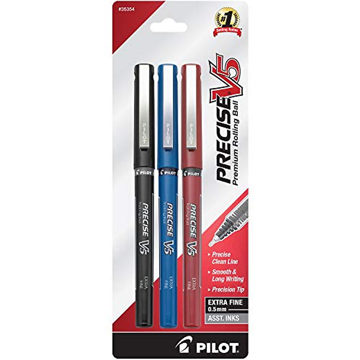 PILOT Precise V5 Stick Liquid Ink Rolling Ball Stick Pens, Extra Fine Point (0.5mm) Black/Blue/Red Inks, 3-Pack (35354)