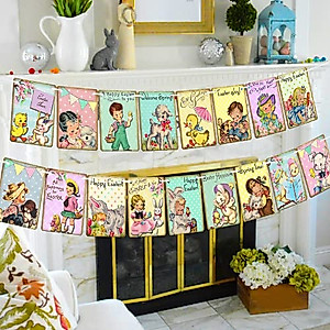 Vintage Easter Banner Easter Decorations Vintage Bunting - 17Pcs Easter Banner Garland Decorations Indoor for Holiday Home Office Party Fireplace Mantle, Easter Party Supplies
