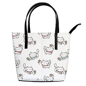 Fashionable women's handbag tote bag, Cartoon Cat and Flowerprinted shoulder bag is light and durable
