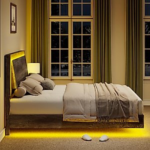 LUXOAK Full Size Floating Bed Frame, Farmhouse Platform Bed Frame with Headboard and LED Light/No Box Spring Needed/Noise Free/Easy Assembly, Rustic Grey