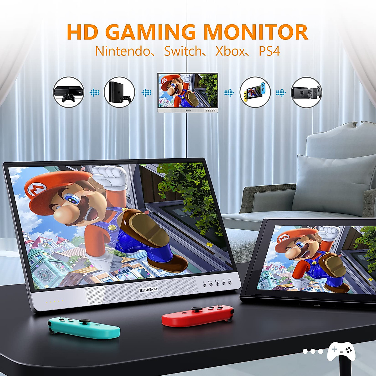 BIGASUO Portable Monitor, 15.6 FHD HDR 1080P Portable Laptop Monitor, Built-in 6000mAh Rechargeable Battery, Dual Spearker for Laptop PC/MacBook/Phone Xbox Switch PS4 PS5- Gift for Family and Friends