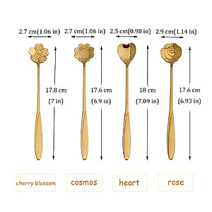 Diaertiny 12Pcs Flower Spoon Long Handle Coffee Dessert Stirring Ice Teaspoons Gold, Rose Gold, Rainbow Cocktail Stainless Steel Spoons for Bar Home Office Party