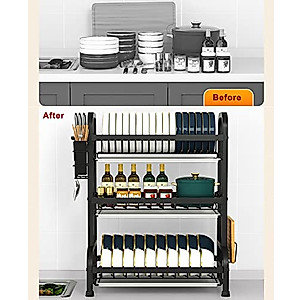 Dish Drying Rack, 3-Tier Large Capacity Kitchen Dish Rack Drainboard Set,Carbon Steel Dish Drainer Rack with Drip Tray & Utensil Holder, Cutting Board Holder and Dish Drainer for Kitchen (Black)