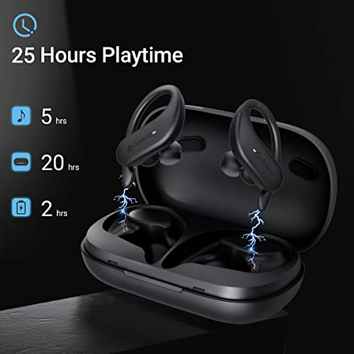Deeprio Bluetooth Headphones 25H Play Back Stereo Sound Earphones in Ear IPX5 Waterproof with Microphone Over Ear Earbuds for Sports Running Workout Black