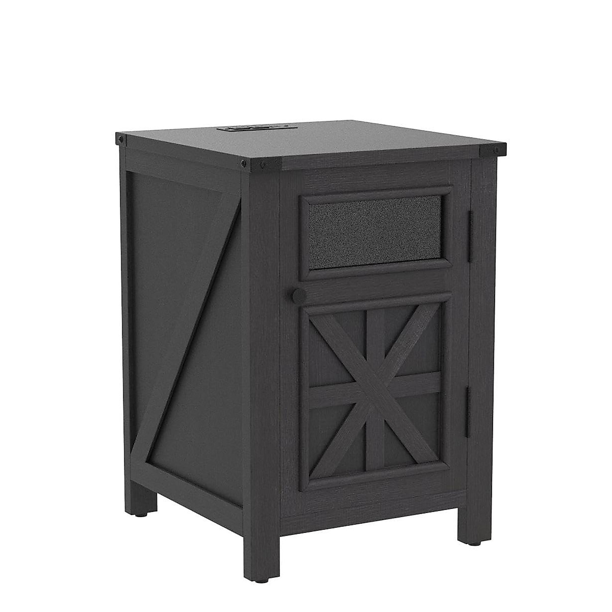 JXQTLINGMU Farmhouse End Table with Charging Station, 18'' Rustic Nightstand with Barn Door & Adjustable Shelf, Wooden Sofa Side Table with 3-Tier Storage for Living Room, Bedroom, Black