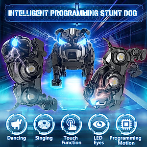 Blkont Remote Control Robot Dog Toys for Boys, Rechargeable Programmable Stunt Robot Dog with Singing, Dancing and Touch Functions for Boys Ages 3 4 5 6 7 8 9+ Birthday, Black