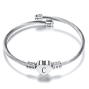 Chili Jewelry Women Initial C Letter Cuff Silver Bracelets Love Heart Expandable Bracelets