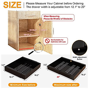 2Pc Pull out Cabinet Organizer,Slide out Drawer with 3 Rails,16"D,Expandable(12.1"-20"W) Peel and Stick Pull out Drawers for Kitchen,No Screw Adjustable Cabinet Drawer,Pantry Roll out Shelves,No Drill