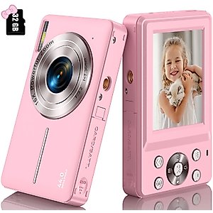 Digital Camera, FHD 1080P Kids Camera 44MP Compact Digital Camera with 32GB Card, 1 Batteries 16X Digital Zoom Point and Shoot Digital Cameras Gift for Kids Boys Girls Teens (Pink)