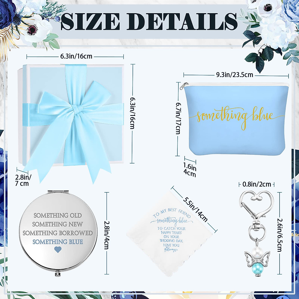 Set of 5 Something Blue Wedding Gift for Bride to My Best Friend Wedding Embroidered Handkerchief Angel Bouquet Charm Something Blue Bridal Cosmetic Bag Diamond Compact Mirror Blue Raffia Gift Box