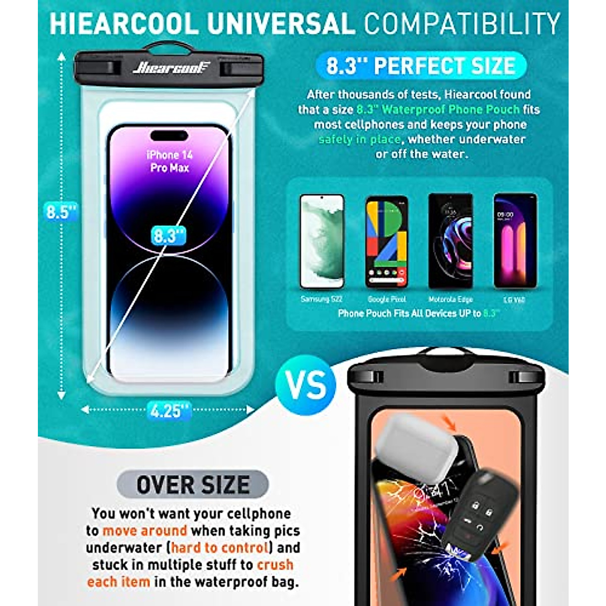 Hiearcool Universal Waterproof Phone Pouch, Waterproof Phone Case Compatible for Cellphone Up to 7.2", IPX8 Cellphone Dry Bag for Vacation-6 Pack