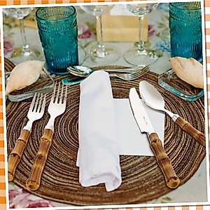 Coume 40 Pcs Bamboo Flatware Set for 8 Bamboo Utensils Bamboo Cutlery Bamboo Silverware Stainless Steel Tableware Spoons Forks Knife Set with Plastic Handle