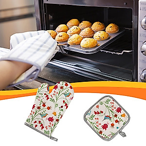Kitchen Oven Mitts and Pot Holders Sets,The Pioneer Woman Flower Bird Print Oven Gloves and Potholders,Heat-Resistant Oven Gloves and Hot Pads,Pioneer Woman Kitchen Accessories,Gifts for Women