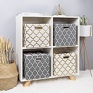 Posprica Collapsible Storage Bins,11×11 Fabric Storage Baskets, Set of 4, Cream-Gold Lantern