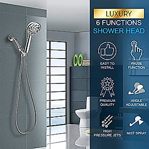 FREZZEL High Pressure Shower Head With Handheld Spray 6 Settings - Handheld Shower Heads with 60 Inches SS Hose and Adjustable Bracket - Removable shower head [4" Chrome]