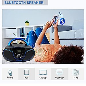 CD Player Boombox, LP-D02 Portable Bluetooth FM Radio Stereo Sound System with Crystal-Clear Sound, MP3 Playback, USB Input, AUX Input, Headphone Jack, LCD Display, AC DC Operated