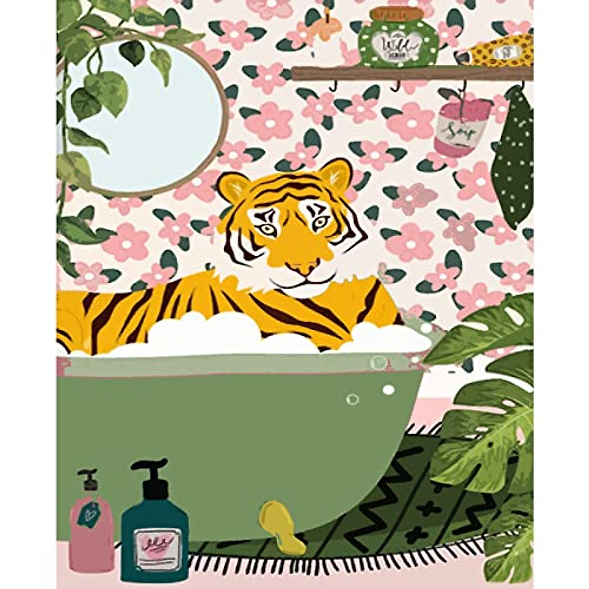 Bathtub Jungle Animal Paint By Bumbers For Adults Beginner Bathroom Tiger DIY Paint by Numbers Acrylic Paint Canvas Pink Flower Bedroom Decor Painting Kits Pink House Art 20x16 Inch （Without Frame ）