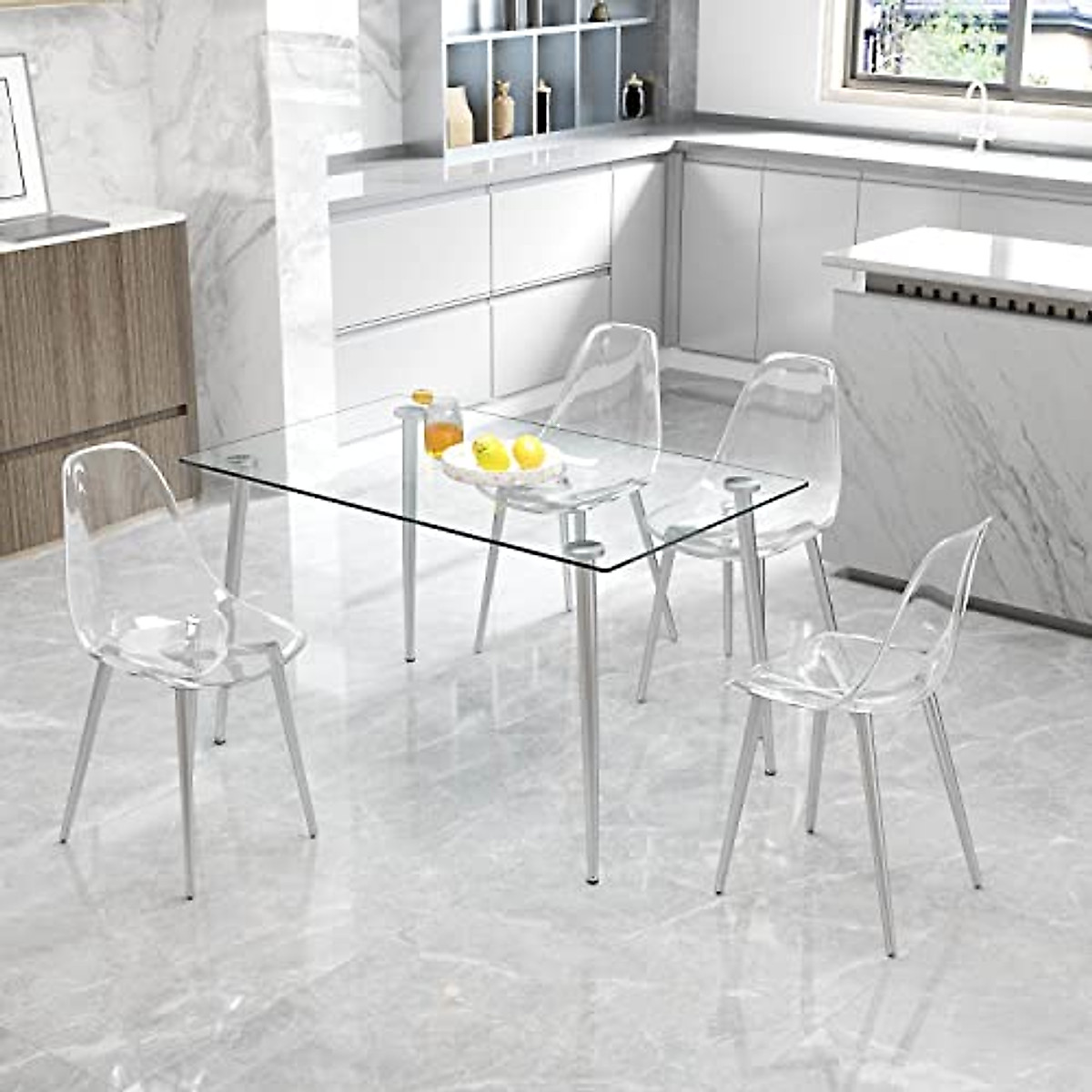 Yoluckea Crystal Clear Dining Chairs Set of 4, Modern Plastic Shell Kitchen Chairs Accent Ghost Chairs with Metal Legs for Kitchen, Dining, Living, Guest, Bed Room (Silver Frame)
