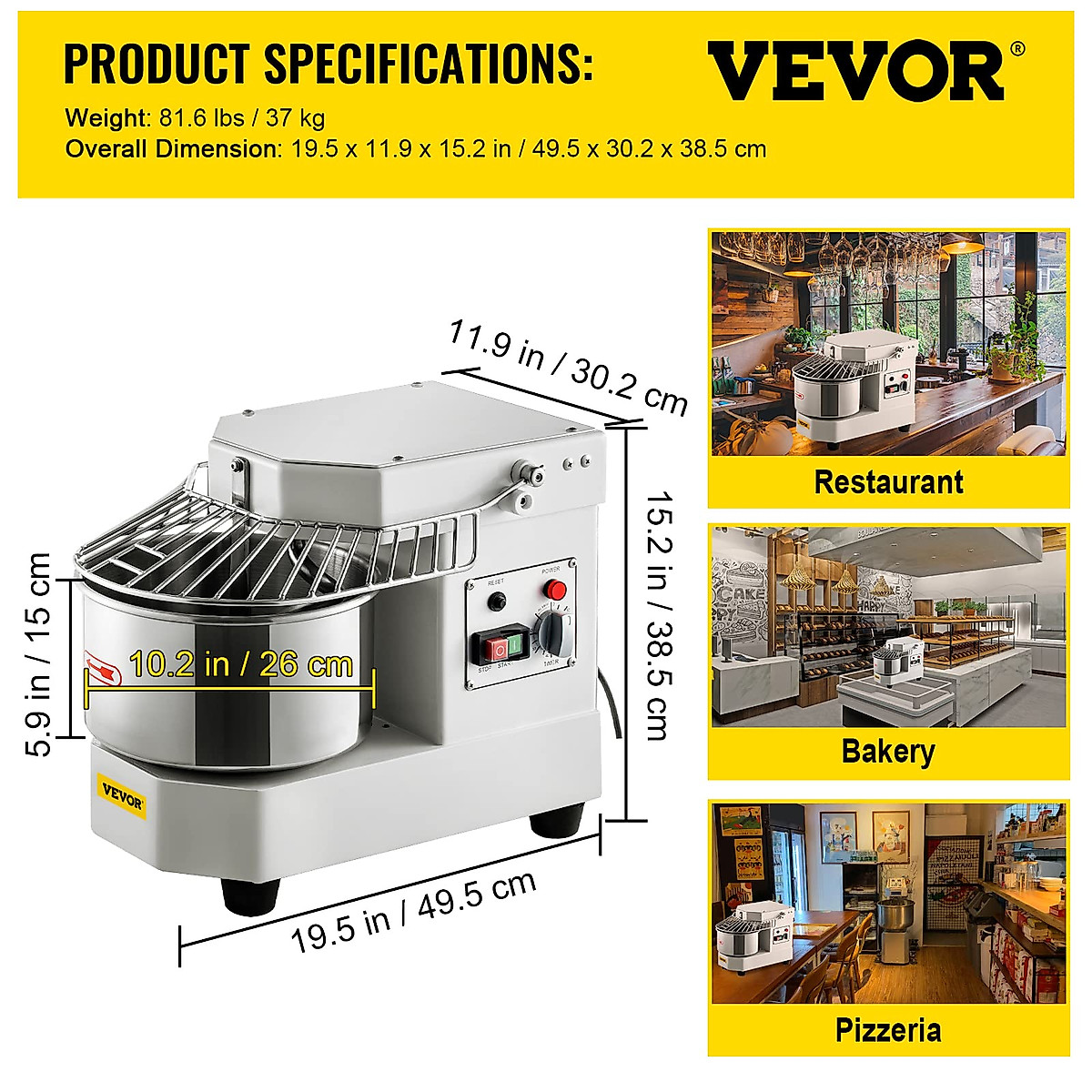 VEVOR Commercial Food Mixer, 8.5Qt Capacity, 450W Dual Rotating Dough Kneading Machine with Food-grade Stainless Steel Bowl, Security Shield & Timer Included, Baking Equipment for Restaurant Pizzeria