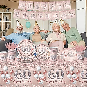 60th Birthday Tableware Decorations for Women, 142Pcs Pink Rose Gold 60th Birthday Supplies Plates and Napkins,Cups,Tablecloth,Happy 60th Birthday Banner for 60 Years Old Birthday Party