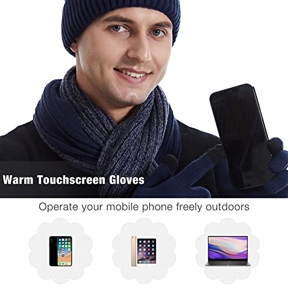 Winter Beanie Hats for Men 3 Pieces Warm Scarf Touchscreen Gloves Set Mens Fleece Lined Knit Cap for Cold Weather
