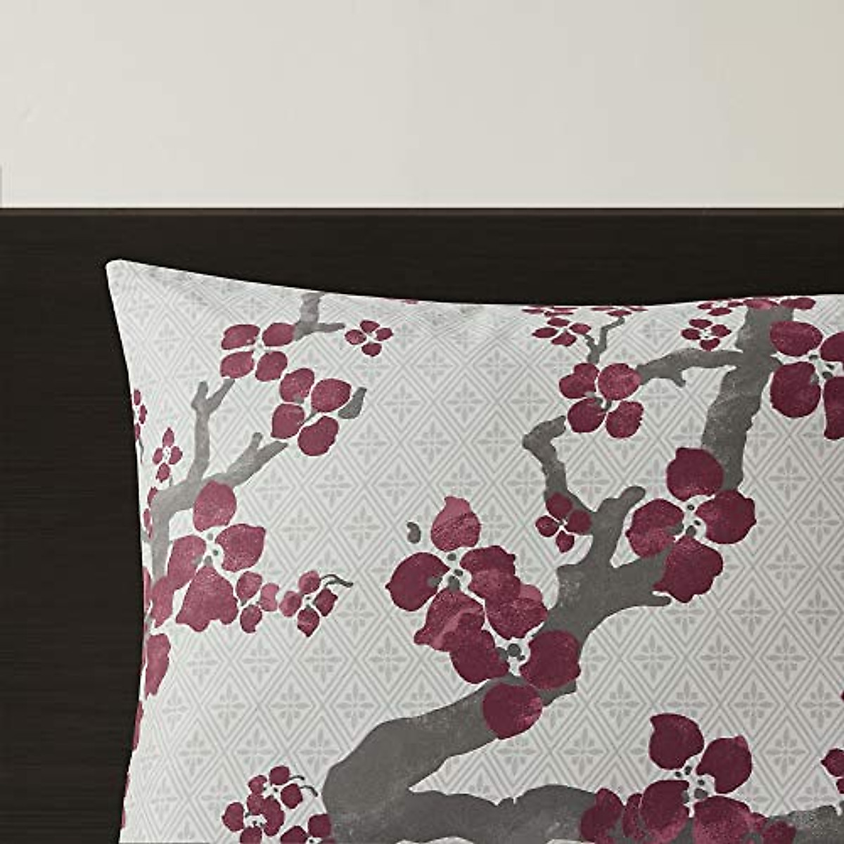 N Natori Cherry Blossom Duvet Cover Queen Size - Red, Grey , Cherry Blossom Duvet Cover Set – 3 Piece – 100% Cotton Sateen Light Weight Bed Comforter Covers
