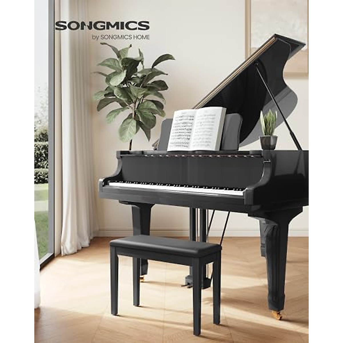 SONGMICS Duet Piano Bench with Padded Cushion and Storage Compartment, Piano Chair Seat, 13.4 x 29.1 x 19.7 Inches, Ink Black ULPB75BK