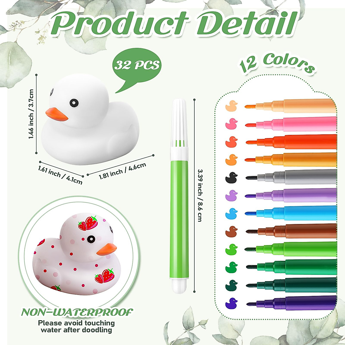 Seenelling 45 Pcs Baby Shower Decorate Ducks Game Set Includes Baby Shower Game Sign 32 DIY Blank Rubber Ducks 12 Paint Marker White Blank Rubber Duck Prize for Baby Shower Gender Revel Game(Leaves)