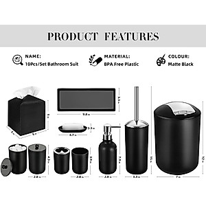 GMITING Black Bathroom Accessories Set, 10 Pcs Bathroom Accessory Set with Trash Can, Soap Dispenser and Toothbrush Holder, Soap Dish, Cotton Ball & Qtip Holder, Toilet Brush Holder, Tissue Box Cover