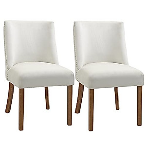 HOMCOM Modern Dining Chairs Set of 2 with High Back, Dining Room Chairs with Nailhead Trim, Upholstered Seats and Solid Wood Legs for Kitchen, Cream White