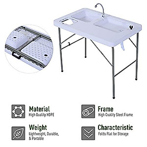 Outsunny Portable Folding Camping Sink Table with Faucet and Dual Water Basins, Outdoor Fish Table Sink, 40''
