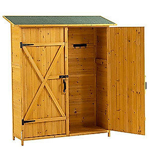 56”L x 19.5”W x 64”H Outdoor Storage Shed with Lockable Doors, Wooden Tool Garden Shed with Detachable Shelves & Pitch Roof, Kit-Perfect to Store Patio Furniture and Trash Cans, Natural