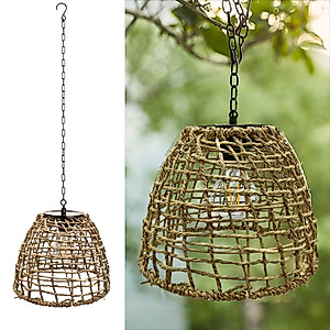 Outdoor Solar Hanging Lantern, Natural Seeweed Rattan Bamboo Woven Porch Patio Gazebo Pendent Chandelier Light Decorative Solar Powered Hanging Lamp for Front Door Garden