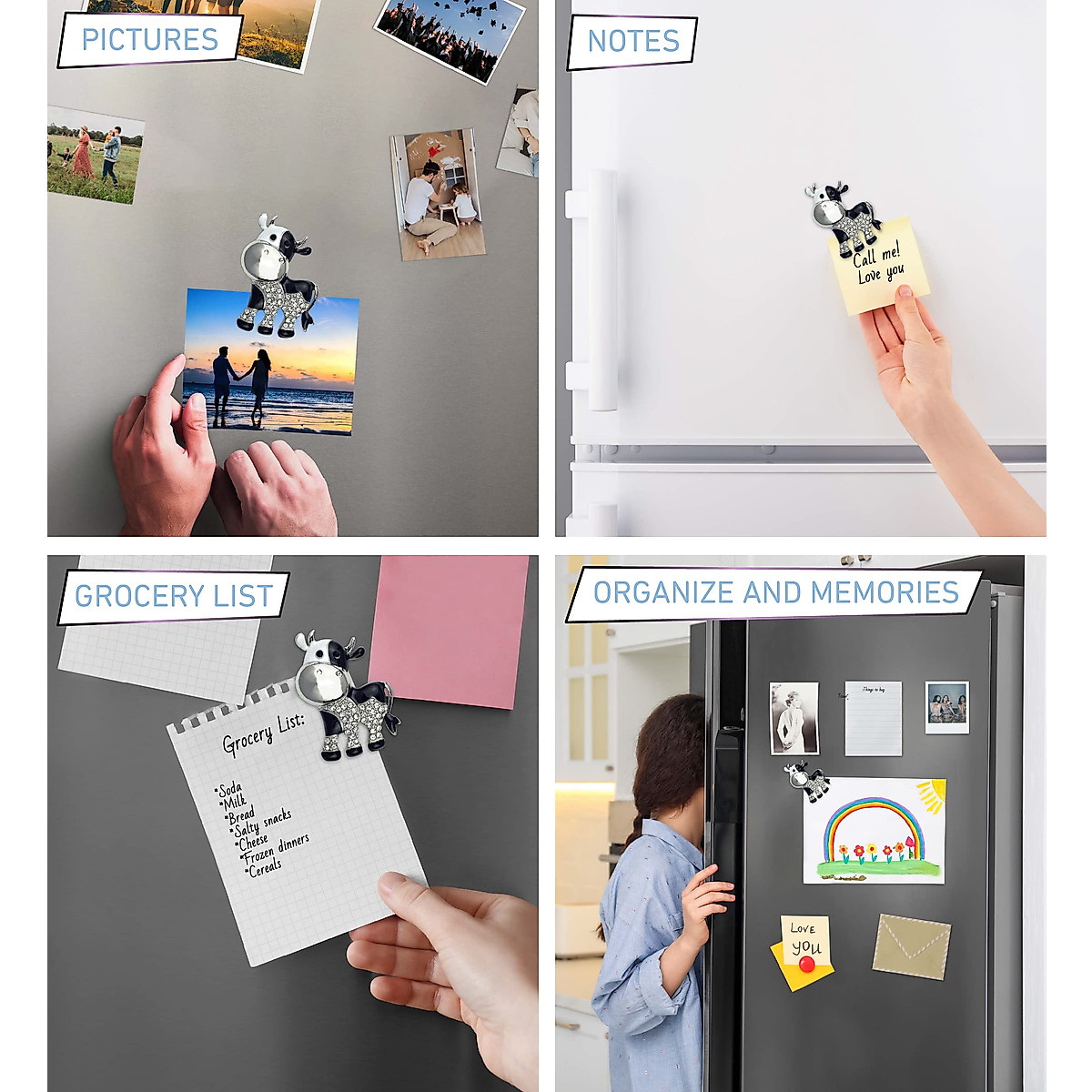 Aqua79 Cow Sparkling Refrigerator Magnet - Silver Sparkling Charm Rhinestones Crystals, Cute Sparkly Farm Animal Magnet for Kitchen Door Fridge, Cool Home and Office Novelty Decor - 1.5 Inches