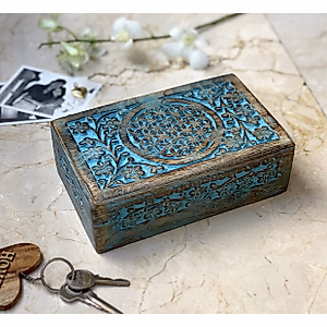 Great Birthday Gift Ideas Handmade Decorative Wooden Jewelry Box Jewelry Organizer Keepsake Box Treasure Chest Trinket Holder Watch Box Storage Lock Box Housewarming Gift Ideas Men Women (Blue)