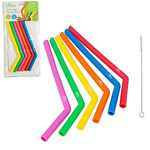 6 Pack Reusable Straws with Cleaning Brush - Sustainable Large Silicone Rainbow Drinking Straws - Use with Any Reusable Tumblers and Cups - BPA Free, Kid-Friendly, Foldable for Travel & Storage