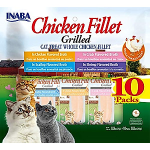 INABA Natural, Premium Hand-Cut Grilled Chicken Fillet Cat Treats/Topper/Complement with Vitamin E and Green Tea Extract, 0.9 Ounces Each, Pack of 10, Variety Pack