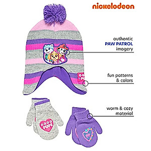 Nickelodeon Paw Patrol Girls Winter Hat and 2 Pair Mittens or Gloves (Age 2-7), Size Age 2-4, Paw Patrol Purple/Grey Mitten 2-4