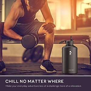 Coolflask Gallon Water Bottle Insulated with Straw&3 Lids, 128 oz Water Jug Large Stainless Steel Metal Vacuum Wide Mouth for Sports, Gym or Office, Non-BPA Keep Cold 48H Hot 24H, Magic Black