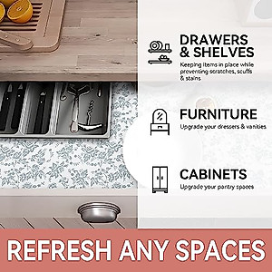 RAY STAR Shelf Liner, Non Adhesive Silver Floral Cabinet Liner for Pantry Drawer, Strong Grip Non Slip Waterproof, Shelf Liners for Kitchen Cabinets Organization 12 Inch x 10 FT (2 Rolls)