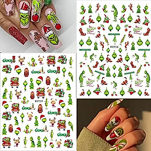10 Sheets Christmas Nail Art Stickers 3D Nail Art Decals Green Monster Cartoon Nail Decals Self-Adhesive Design Nail Art Supplies Holiday Nail Stickers Winter Christmas Party Nail Decoration for Women