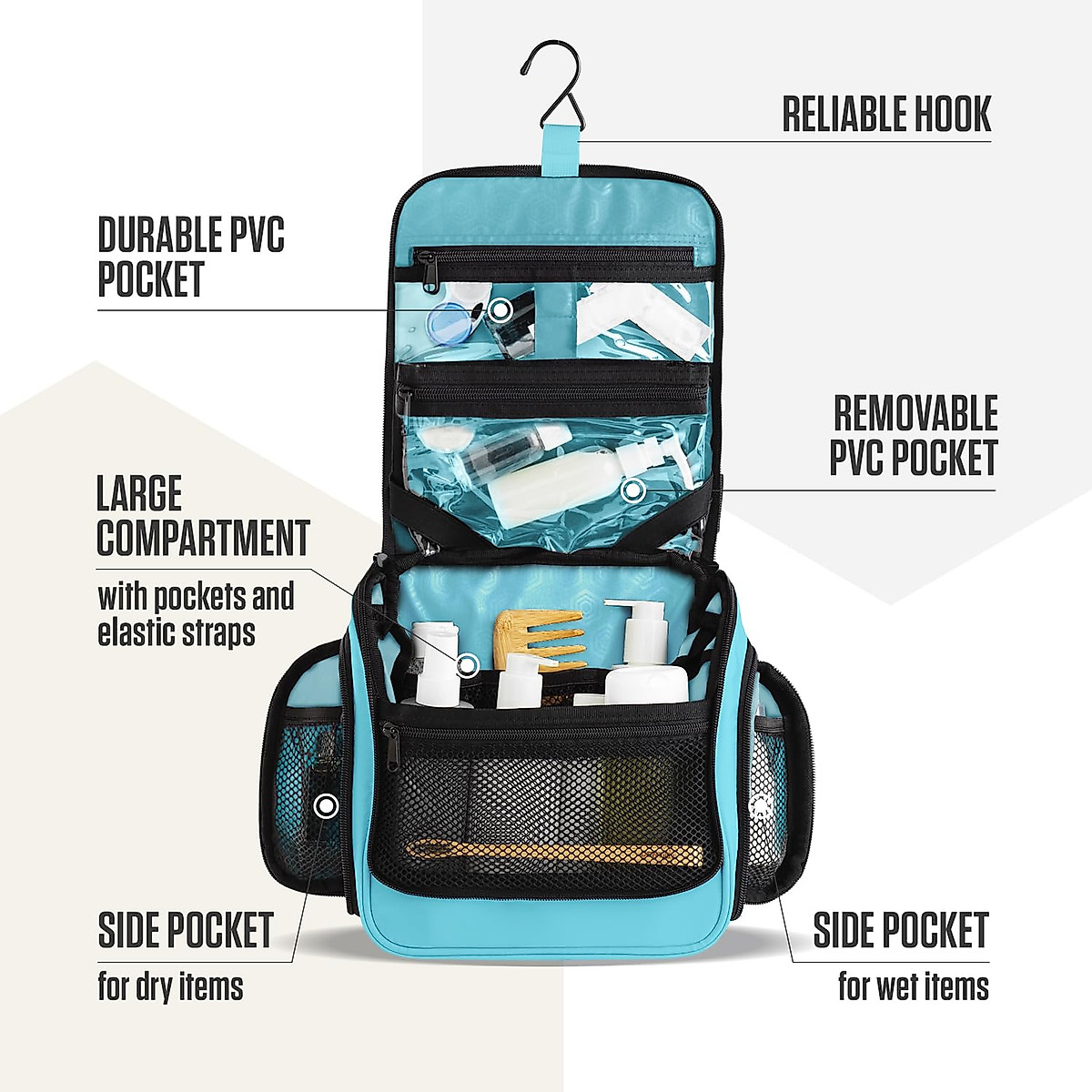 VENTURE 4TH Hanging Travel Toiletry Bag for Women & Men - Travel Organizer with Expandable Compartments & Removable Clear Pouch for Toiletries (Light Blue)